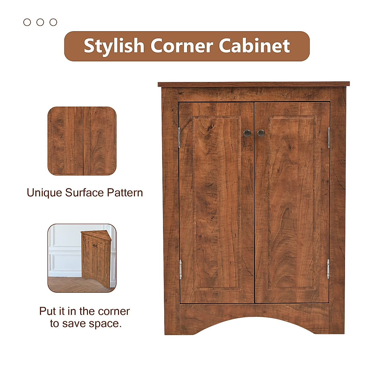 Merax Corner Storage Cabinet with Two Doors for Bathroom, Living Room or Kitchen, Adjustable Shelf, Freestanding Floor Space Saver, Brown