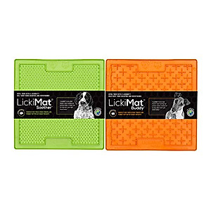 LickiMat Slow Feeder for Dogs, Boredom & Anxiety Reducer; for Food, Treats, Yogurt, or Peanut Butter. Fun Alternative to a Slow Feed Dog Bowl, 2-Pack Classic Dog Buddy & Soother, Green & Orange.