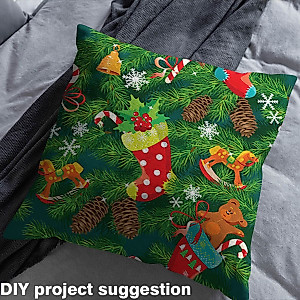 Feelyou Christmas Fabric by The Yard, Christmas Tree Pine Cones Upholstery Fabric, Snowflake Toy Bear Outdoor Fabric, Christmas Sock Xmas Theme Reupholstery Fabric for Chairs, 1 Yard