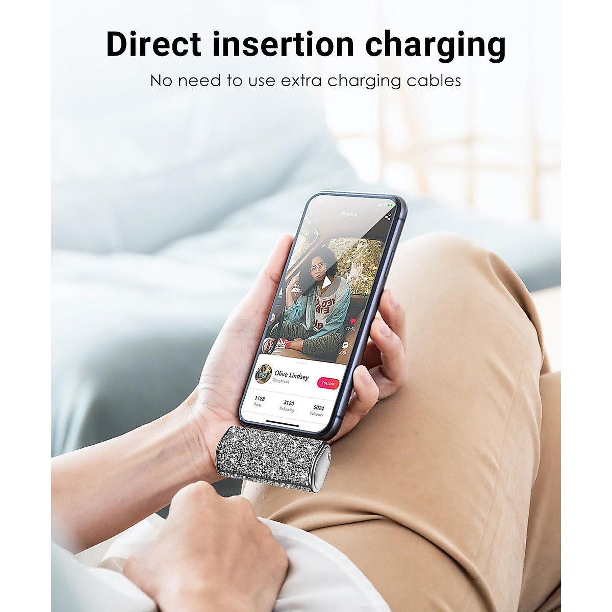 Bling Small Portable Charger, Power Bank, 6800mAh Ultra Compact Cute Shining Battery Pack 5V3.1A Fast Charger Built-in iOS Connector and Flashlight for iPhone 14 Series to iPhone 5 Series(Silver)