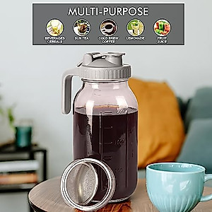 Cold Brew Mason Jar iced Coffee Maker, Durable Glass, - 64 oz (2 Quart / 1.9 Liter), With Handle& Stainless Steel Filter for Iced Brew Coffee, Lemonade, Ice Tea, Homemade Fruit Drinks Container