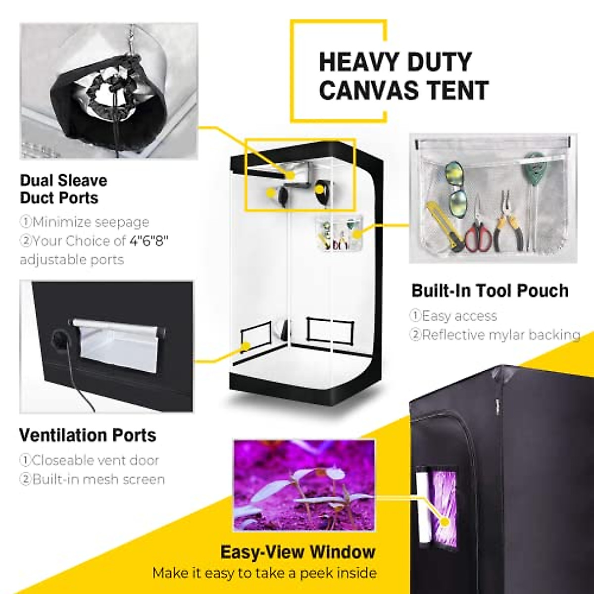 iPower GLTENTXS3 Grow Tent with Reflective Mylar 32" x 32" x 63" Indoor Hydroponic Water-Resistant Complete System, Black