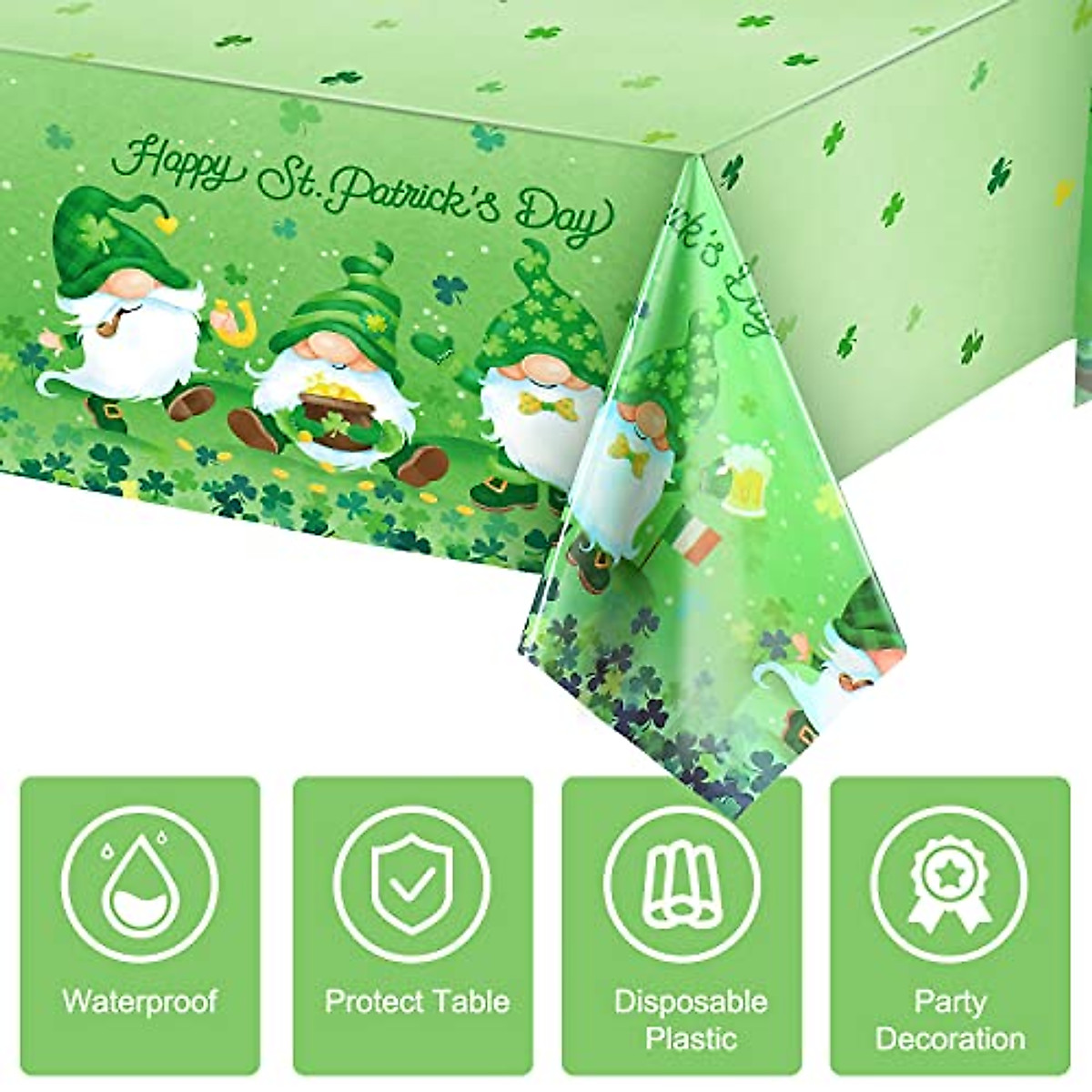 Tegeme 3 Pieces Happy St. Patrick's Day Tablecloths, Gnome Shamrock Pattern Table Covers Green Disposable Plastic Rectangular Table Cloth for Dinning Room Kitchen Party Decor, 108 x 54 Inches