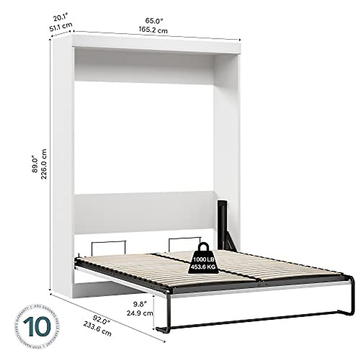 Bestar Edge Space-Saving Wall Bed for Guest Room or Multipurpose Home Office, Queen, White