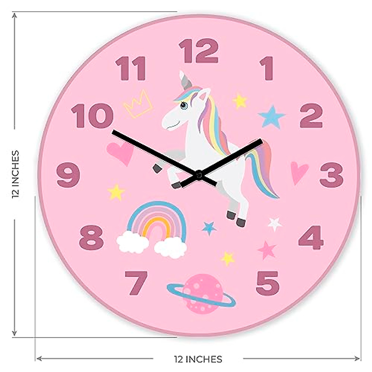 Soul Decor Pink Unicorn and Rainbow Wall Clock, Silent Non-Ticking, Girl/Boy Room Unisex Clock for Children Bedroom Decor, Made in The USA 12 Inch Round