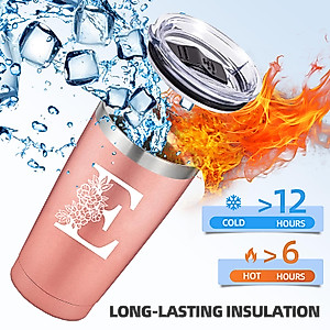 Leraverppy Personalized 20oz with Initial Stainless Steel Coffee，Leak Proof Rose Gold Tumbler with Lid And Straw Double Wall Thermal Cups for Hot and Cold Drinks Monogrammed Gifts for Women（C20-E）