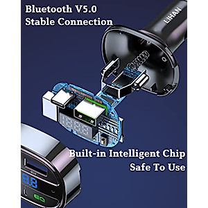 LIHAN FM Transmitter Car Bluetooth Adapter, LIHAN Wireless Aux Radio, Hands-Free Call, Type-C & Fast Car Charger, MP3 Music Player, Support USB Drive/TF Card