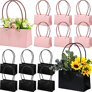 Teling 12 Pcs Kraft Paper Flower Gift Bags Bouquet Bags with Handle Waterproof Bouquet Gift Box Empty Bouquet Bags for Flowers Rectangle Packaging Wrap Bags for Mother's Day Graduation (Black, Pink)
