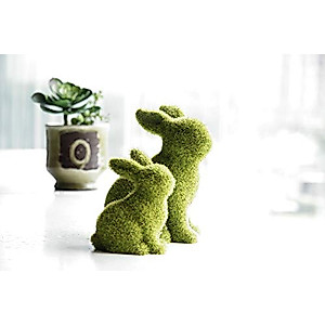XIAXAIXU Easter Moss Bunny Flocked Rabbit Statue Figurine Festival Garden Yard Home Party Ornament Decoration (Green, 2 Pcs (A+B))