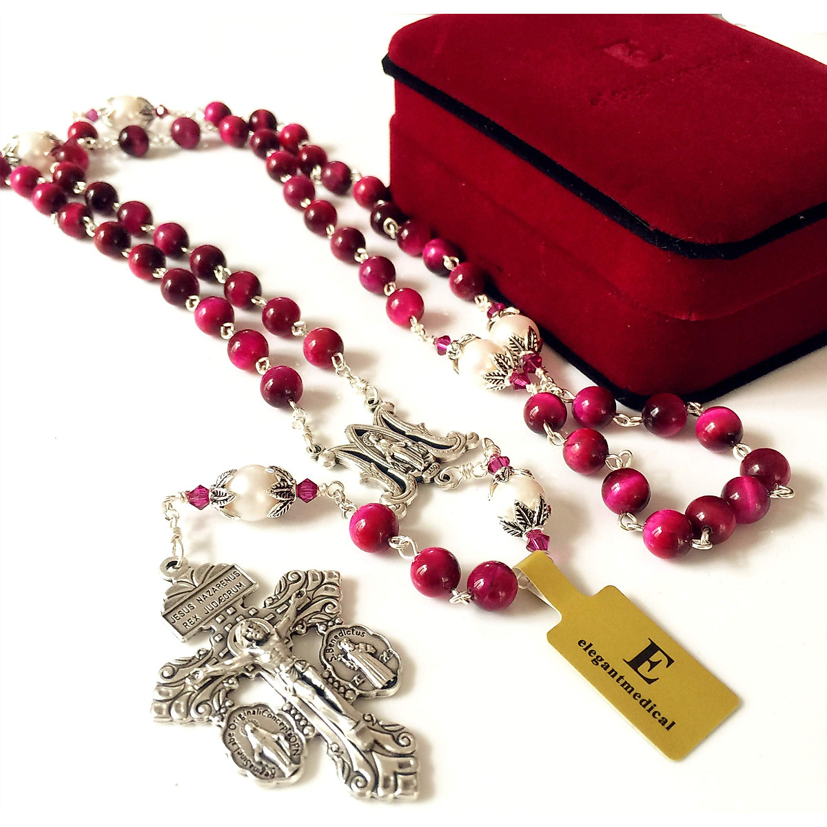 elegantmedical Handmade Red Tiger Eye Beads Sterling Silver 10mm Real Pearl Rosary Cross Necklace Catholic Gift