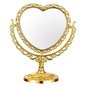 Luxshiny Vanity Mirror Heart Shaped, Double Standing Mirror Heart Shaped Mirror for Home Kitchen Table (Golden)