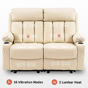 MCombo 61" Power Loveseat Recliner, Electric Reclining Loveseat Sofa with Heat and Vibration, Cup Holders, USB Charge Port for Living Room Faux Leather 6075 (Cream White, Loveseat Recliner)