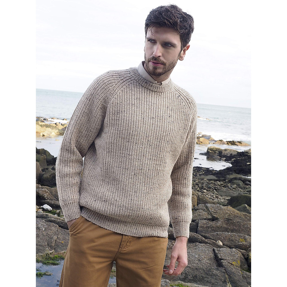 Aran Crafts Men's Fisherman Irish Rib Crew Neck Wool Sweater (C761-XL-SKI)