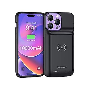 NEWDERY Battery Case for iPhone 14 Pro Max,14 Plus 10000mAh,Qi Wireless Charging,Wired Headset,Sync-Data Supported, Rechargeable Charger Case for iPhone 14/13/12 Pro Max, iPhone 14 Plus 6.7” Black