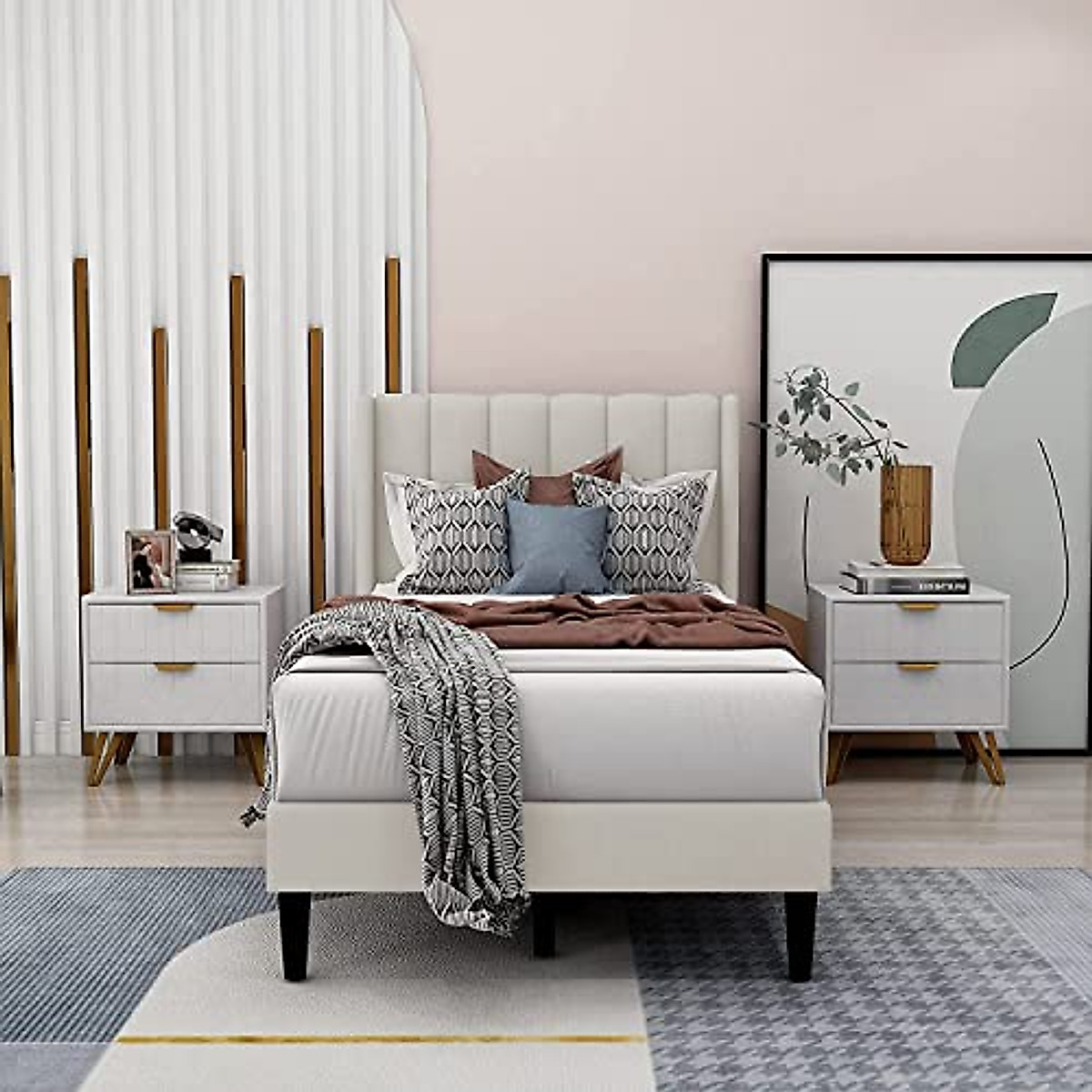 Zavoter Twin Upholstered Platform Bed Frame with Headboard, Mattress Foundation, Wood Slat Support, Quiet, no Box Spring Needed, Easy to Assemble Beige