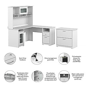 Bush Furniture Cabot 60W L Shaped Computer Desk with Hutch and Lateral File Cabinet, White