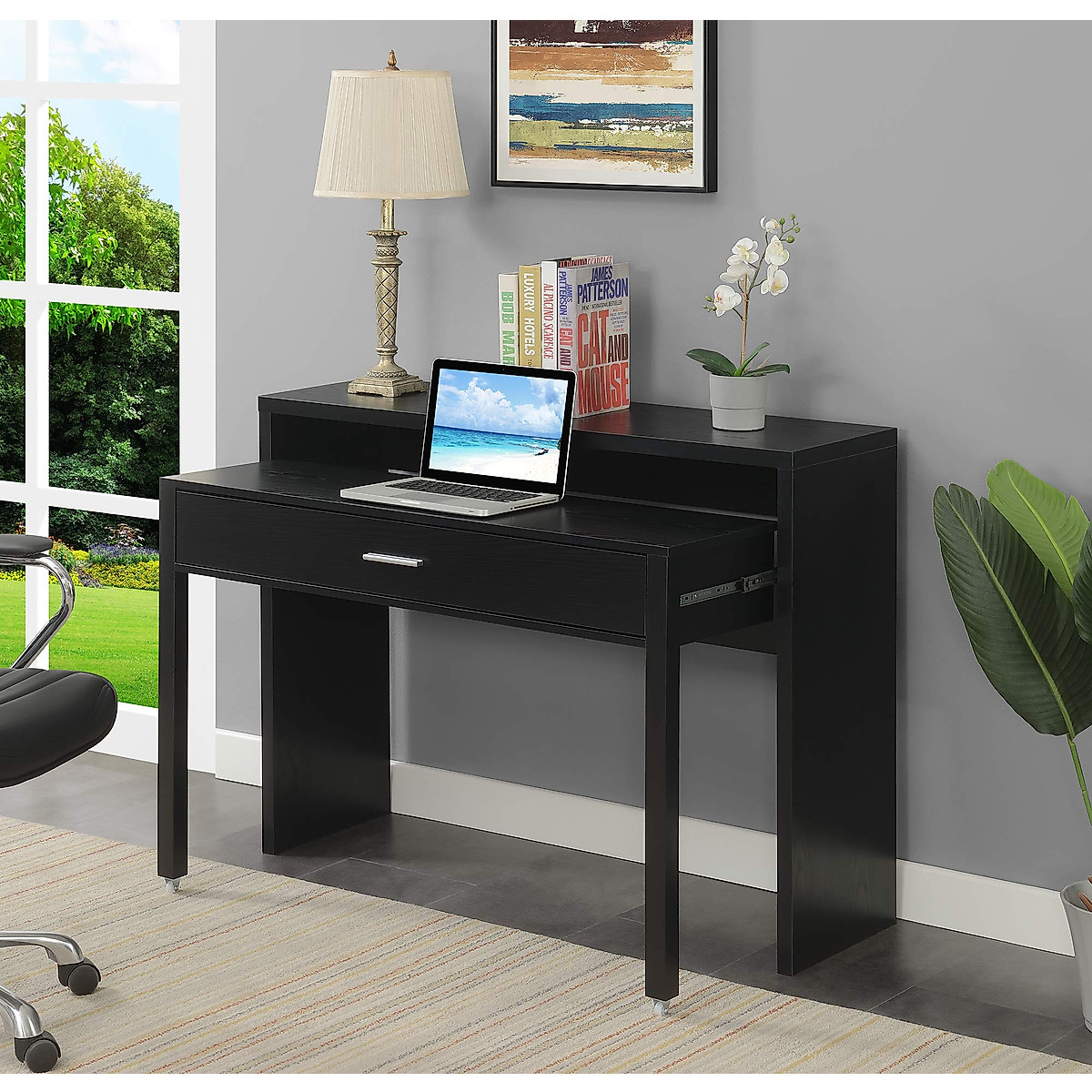 Convenience Concepts Newport JB Console/Sliding Desk with Drawer and Riser, Black