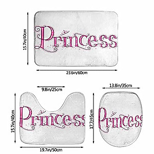 AOYEGO The Word Princess 3 Pieces Bathroom Rugs Set Text Featuring Clip Art Typography Aristocracy Crown Non Slip 23.6X15.7 Inch Soft Absorbent Polyester for Tub Shower Toilet