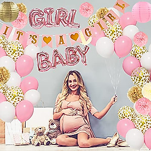 Ouddy Party Pink Baby Shower Decorations for Girl with Its a Girl Banner, Baby Girl Letter Pink Gold Confetti Balloons Paper Pom Poms for Girl Baby Shower Gender Reveal Party Supplies