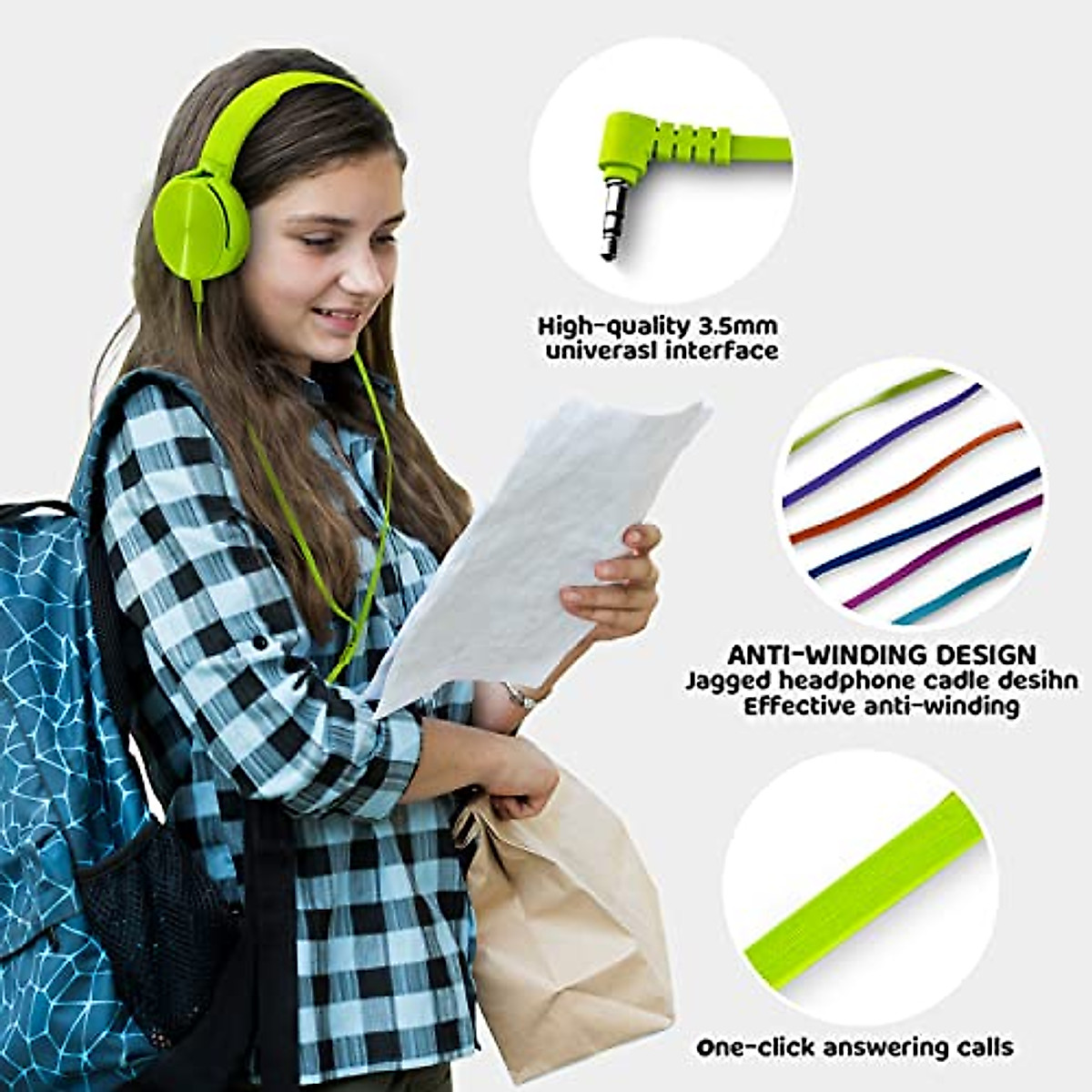 Wensdo Kids Headphones for School Classroom Bulk 6 Pack Multi Colored Students Wired Headsets, Comfy Swivel Earphones, Library Airplane Online Learning & Travel, Noise Stereo Sound