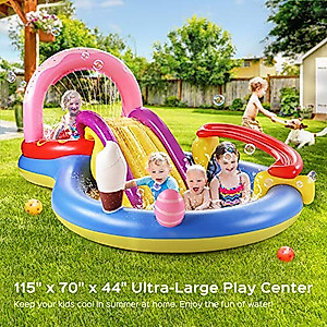 Inflatable Play Center, Hesung 115" X 70" X 44" Full-Sized Kiddie Pool with Slide, Fountain Arch, Ball Roller for Toddler, Kids, Baby, Thick Wear-Resistant Big Above Ground, Garden Backyard Water Park