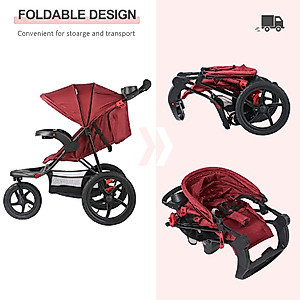 Qaba Baby Stroller Foldable Carriage for Toddler with Adjustable Backrest and Canopy Suspension System Rubber Tire 5-Point Harness Cup Holder Storage Basket Red