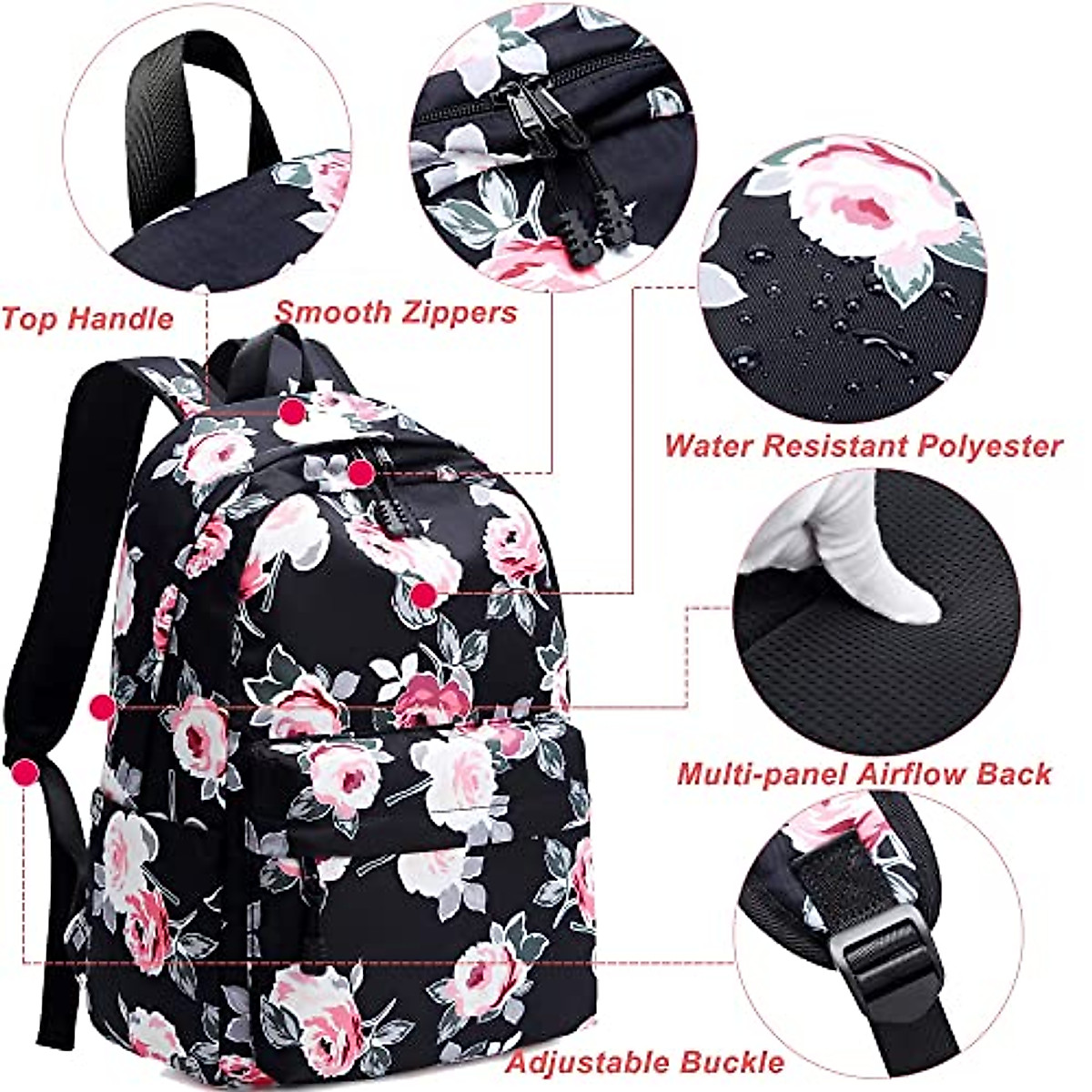 Createy School Backpack for Teen Girls Kids Bookbags Water Resistant Floral Backpack with Lunch Box Pencil Case