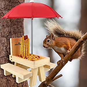 MIXXIDEA Squirrel Feeder Table with Umbrella, Wooden Squirrel Picnic Table Feeder, Durable Squirrel Feeder Corn Cob Holder, with Solid Structure and 2 x Thick Benches(Squirrel Feeder table-1pk)