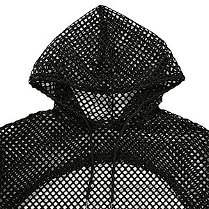 SIQITECHNO Womens Mesh Fishnet Long Sleeve Hoodie Drawstring Pullover Crop Top Hoodie Hollow Out Long Sleeve Pullover Crop Top Sweatshirt Black