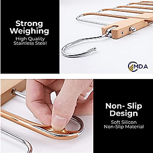 Wooden Pant Hanger - 5 Layers Space Saver - Trouser Hanger, Space-Saving 5-in-1 Trouser Hanger, Stainless Steel Extendible, Multi Hanger, Magic Hanger, Wardrobe Clothes Hanger Holder