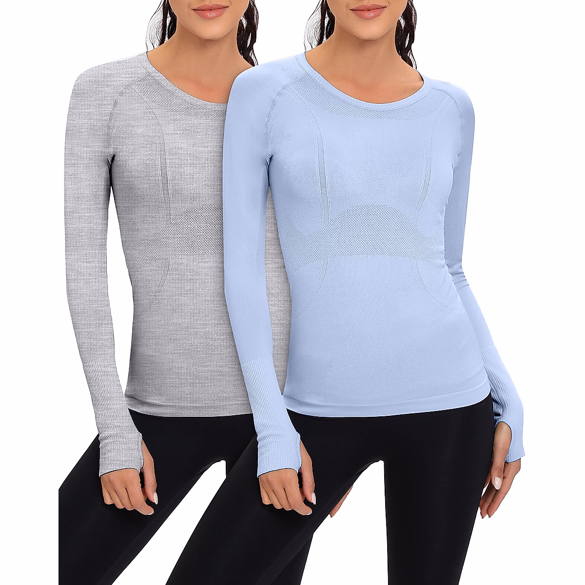 2 Pieces Women Long Sleeve Workout Shirt Seamless Workout Shirts with Thumb Holes Fitted Top Sports Yoga Athletic Shirt Top (Gray, Blue, X-Small)