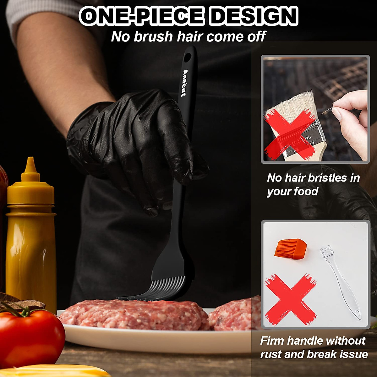 Anaeat 2 Pack Silicone Basting Pastry Brushes - Heat Resistant Brush with Soft Bristles, Hygienic One Piece Design, Marinade Brush Great in Baking for Spreading Oil Butter Sauce BBQ Grill (Black)