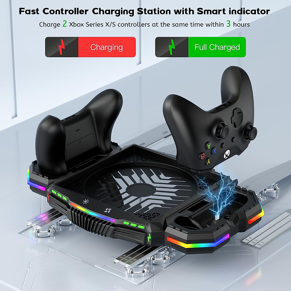 Cooling Fan Charging Stand for Xbox Series X Console and Controller - Vertical Cooler System & Charger Station with 15 RGB Light Modes, 2 Batteries and 3 Holders for Xbox Series X Accessories Storage