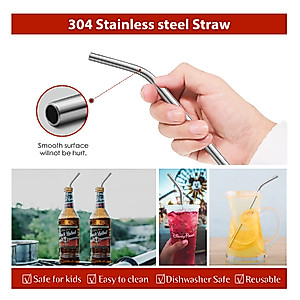 8 Piece 5/16 inch (8mm) Wide Bent Stainless Steel Straws for 40 oz Tumbler with Handle, 12 Inch Long Reusable Metal Drinking Straws, Replacement Straws with Silicone Tips & Cleaning Brush, Silver