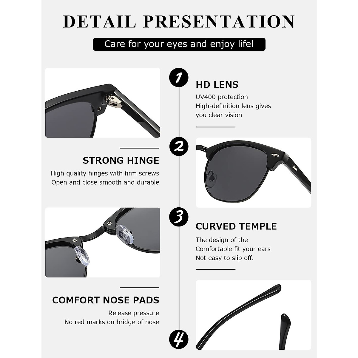 AEVOGUE Polarized Sunglasses For Women And Men Semi Rimless Frame Retro Sun Glasses AE0369 (All Black)