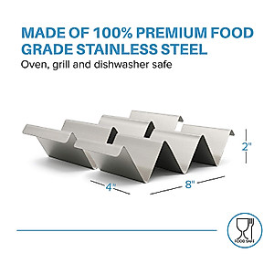 2 Pack Taco Holder Stand with Handles - Stainless Steel 4”x8” Taco Rack Holds up to 3 Tacos Each, Oven, Grill and Dishwasher Safe, Easy to Fill, Great Presentation on Plate