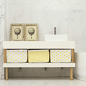 Sea Team Collapsible Canvas Fabric Storage Basket with Handles, Rectangle Waterproof Storage Bin, Box, Cube, Foldable Shelf Basket, Closet Organizer, 16.5 x 11.8 x 9.8 Inches, Yellow Stripe