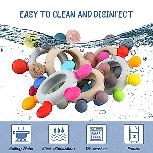 Baby Teething Toys, Silicone Chewable Rings with Organic Wooden, Natural Wooden Ring & Silicone Teething Toys for Newborn, 3+ Months (6 Directions, Khaki)