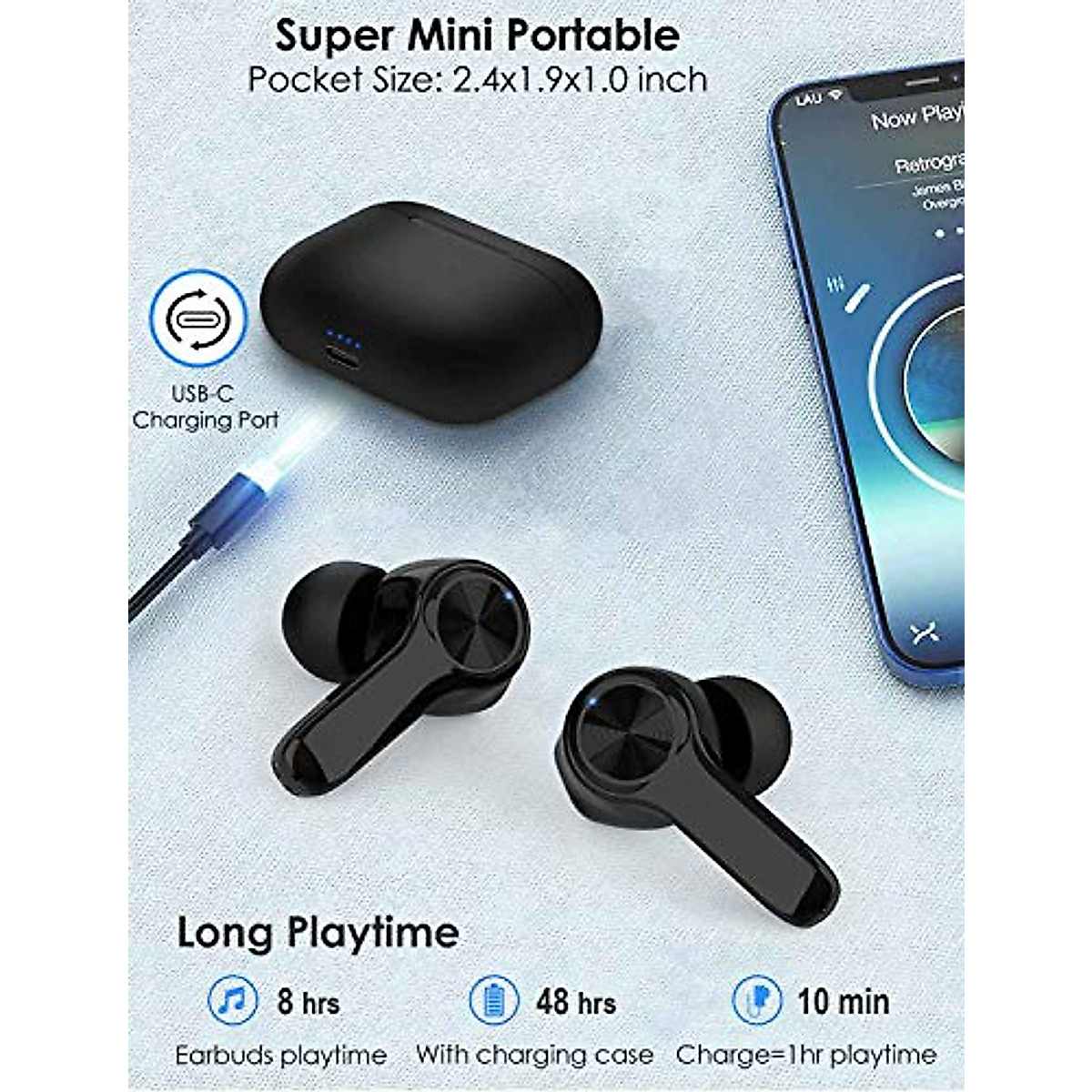 XLEADER Touch Wireless Earbuds, ENC Bluetooth Earphones, SoundAngel Pro Deep Bass up Small Headphones with Microphone and Mini Smart Charging Case USB-C Quick Charge IPX8 Waterproof, for iPhone Work