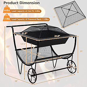 Tangkula Outdoor Fire Pit with Wheels and Firewood Log Rack, Patio Wood Burning Bonfire Pit with Storage Rack, Spark Screen, Portable Rolling Fire Pit Stove for Outside, Camping & Picnic