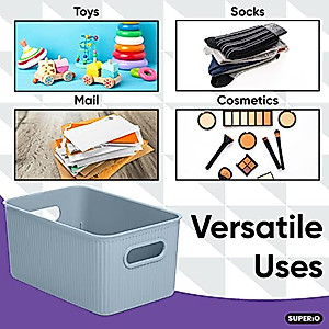 Superio Decorative Plastic Open Home Storage Bins Organizer Baskets, Medium Blue (4 Pack) Container Boxes for Organizing Closet Shelves Drawer Shelf - Ribbed Collection 5 Liter