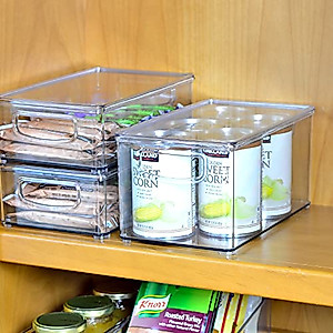 Youngever 2 Pack Stackable Plastic Storage Organizer Container Bins with Lids, Stackable Storage Bins with Handler for Refrigerator, Pantry (10" x 6" x 5")