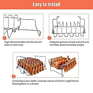 3 in 1 Extra Large Rectangle Rib Rack&Chicken Leg Rack with Brush, Stainlesss Steel Roasting Rack with 2 Handle for Smoker, Oven and Grill, Holds Up to 5 Ribs, Easy to Use&Clean