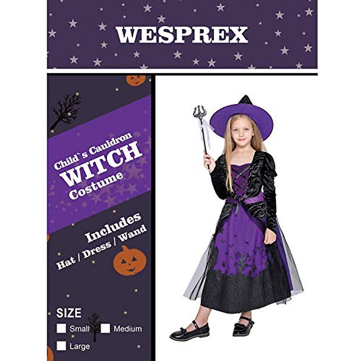 Wesprex Cauldron Witch Costume Set for Girls with Hat & Magic Wand (Medium)