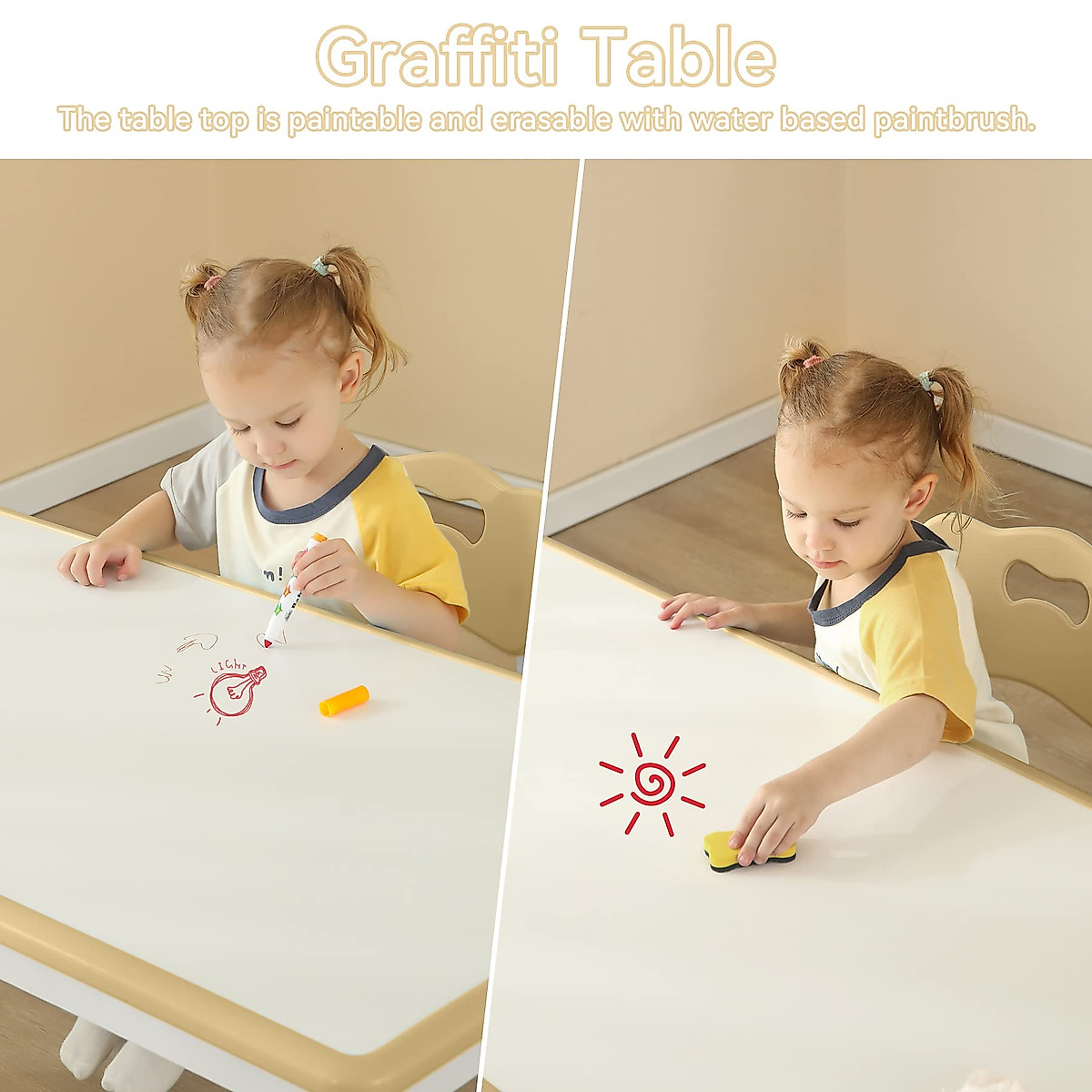 CuFun Kids Table and 4 Chairs Set, Children Study Desk, Dining Table, Height Adjustable Plastic Desk Painting Desktop Toddler Furniture for Boys and Girls (Beige)