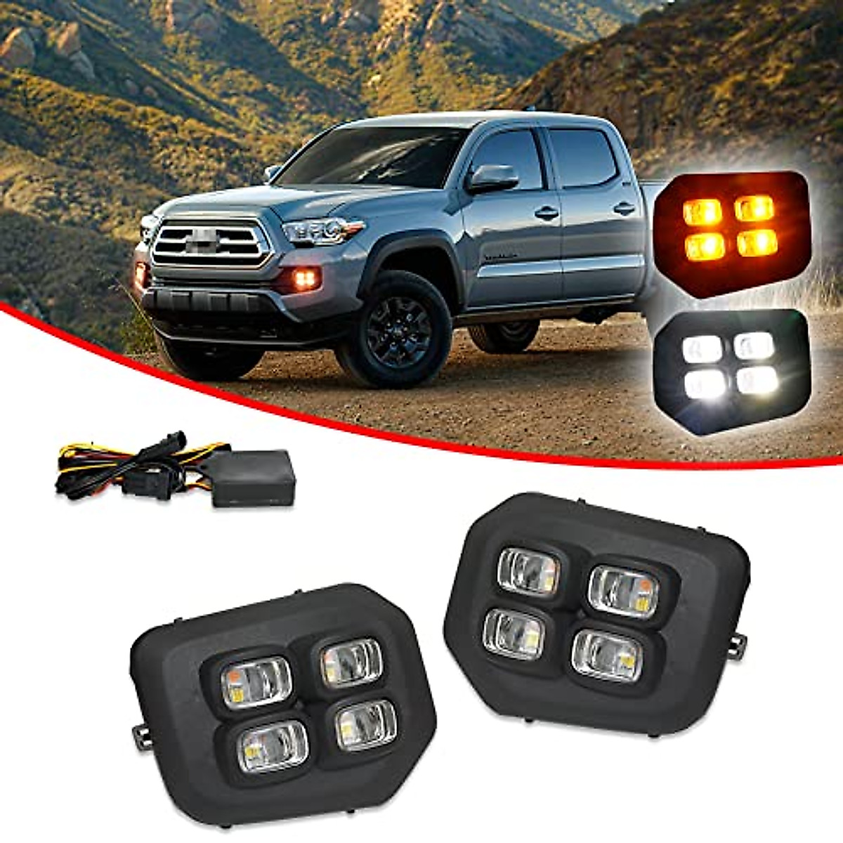 GTINTHEBOX for 2016 2017 2018 2019 2020 2021 2022 Toyota Tacoma 4-Eyes DRL LED Fog Lights Amber Turn Signal Lamps White Daytime Running Lights