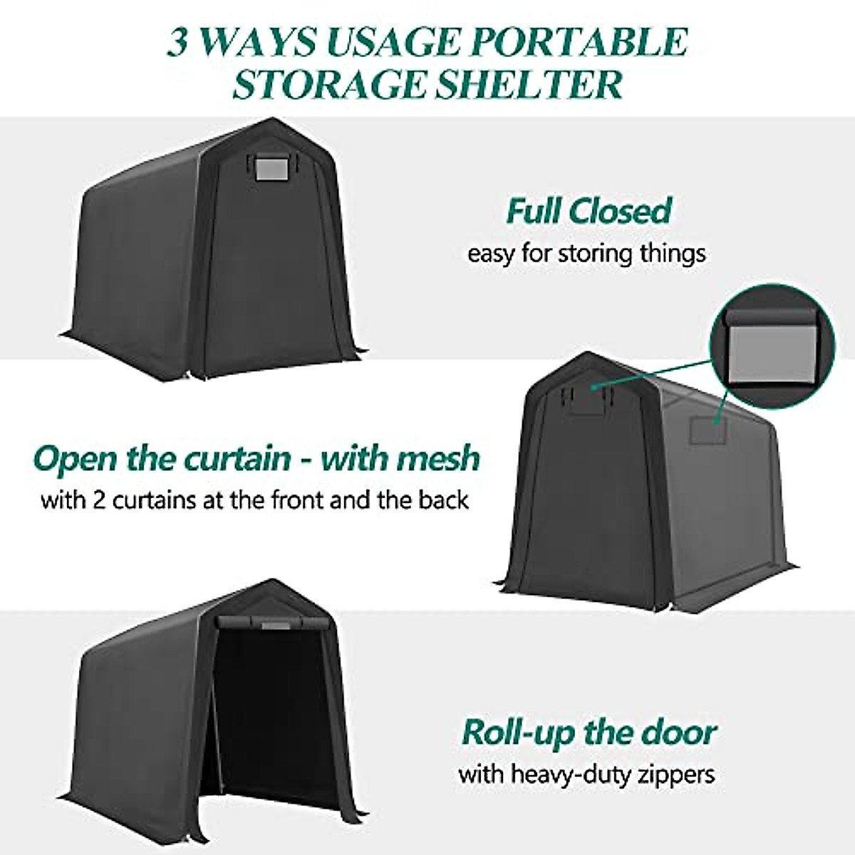 GARTOO 6' x 7' Storage Shelter - Outdoor Portable Shed with Roll-up Ventilated Windows, Heavy Duty Zipper Storage shed for Bike, ATV, Motorcycle Shelter, Gray