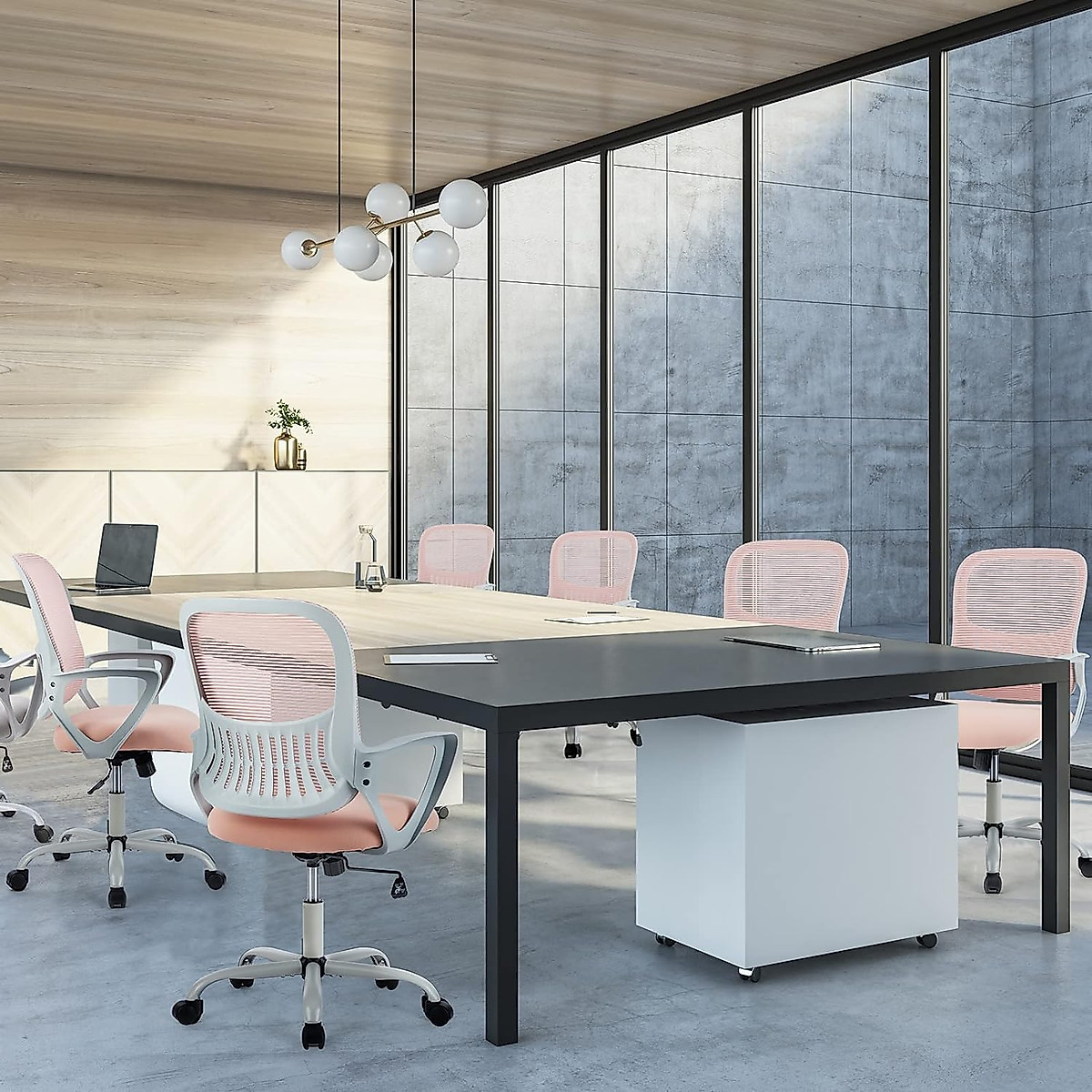 Sweetcrispy Office Computer Desk Chair, Ergonomic Mid-Back Mesh Rolling Work Swivel Task Chairs with Wheels, Comfortable Lumbar Support, Comfy Arms for Home, Bedroom, Study, Student, Pink