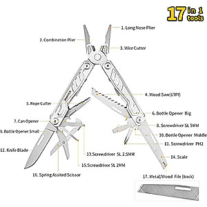 ASHINE Multitool with Pocket Clip Knife Scissors, 17-in-1 EDC Multi-tool Pliers with Safety Lock Unlock Button Rounded Handles & Sheath for Men Camping Fishing