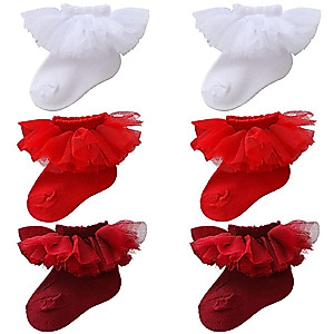 Adeimoo Newborn Baby Girls Lace Tutu Socks Toddler Eyelet Turn Cuff Ruffle Ankle Dress Socks for Infant 0-6 Months